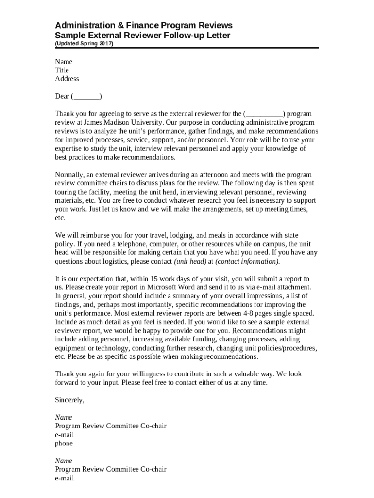 Sample External Reviewer Contact Follow-up Letter Doc Template | pdfFiller