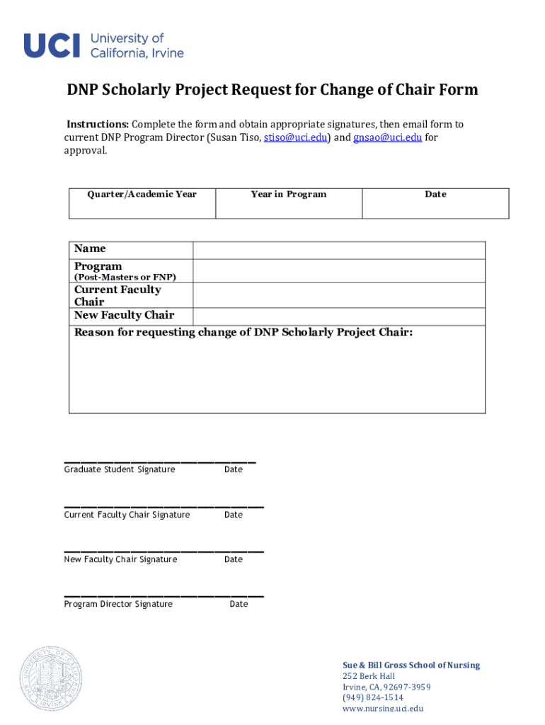 Fillable Online nursing uci DNP Scholarly Project Request for Change of Chair Form Fax Email ...