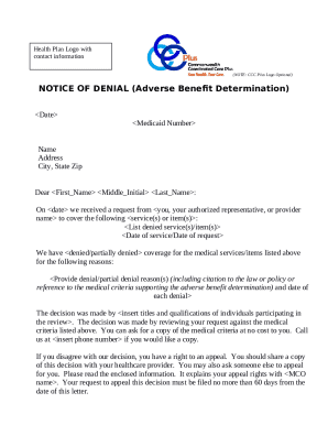 NOTICE OF DENIAL (Adverse Benefit Determination) Doc Template | pdfFiller