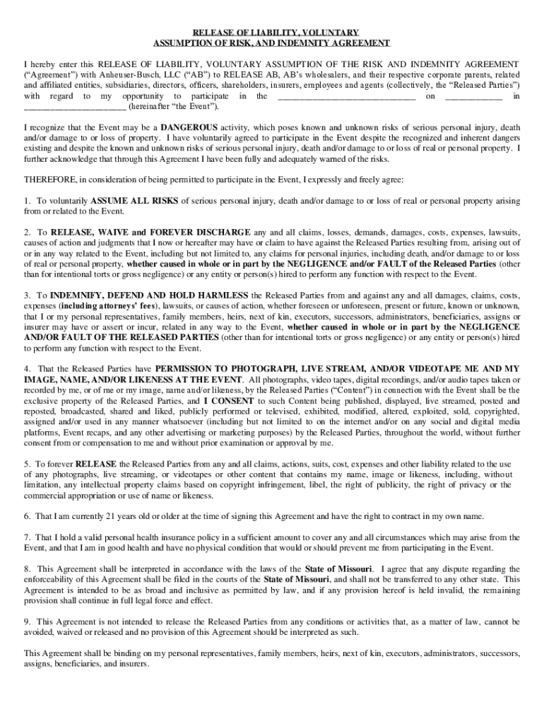 Fillable Online RELEASE OF LIABILITY, VOLUNTARY ASSUMPTION OF RISK, AND ...