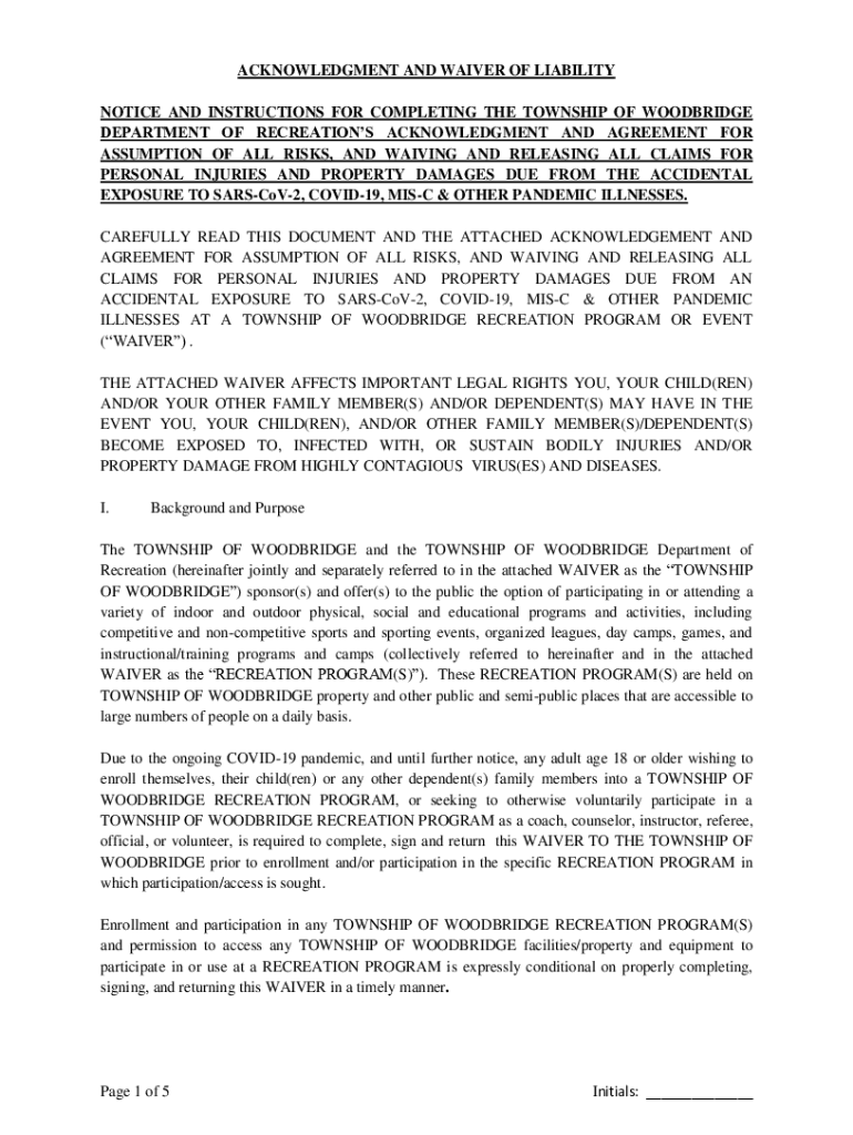 Fillable Online ACKNOWLEDGMENT AND WAIVER OF LIABILITY NOTICE AND ...