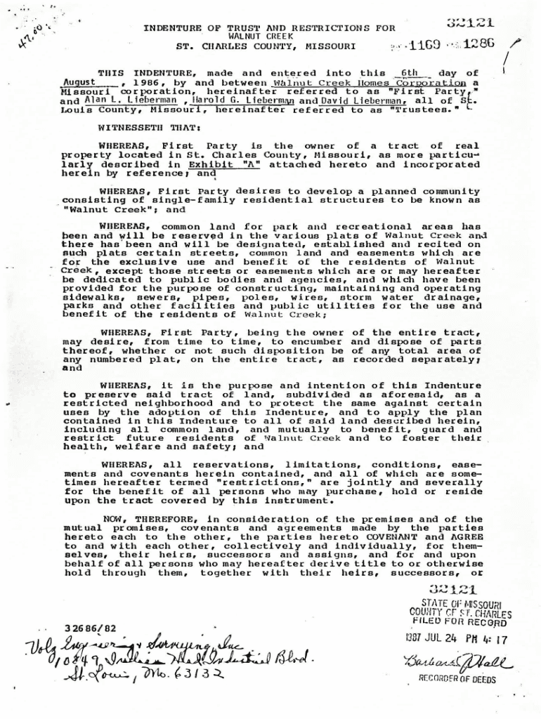 Fillable Online INDENTURE OF TRUST AND RESTRICTIONS FOR WALNUT CREEK I ...