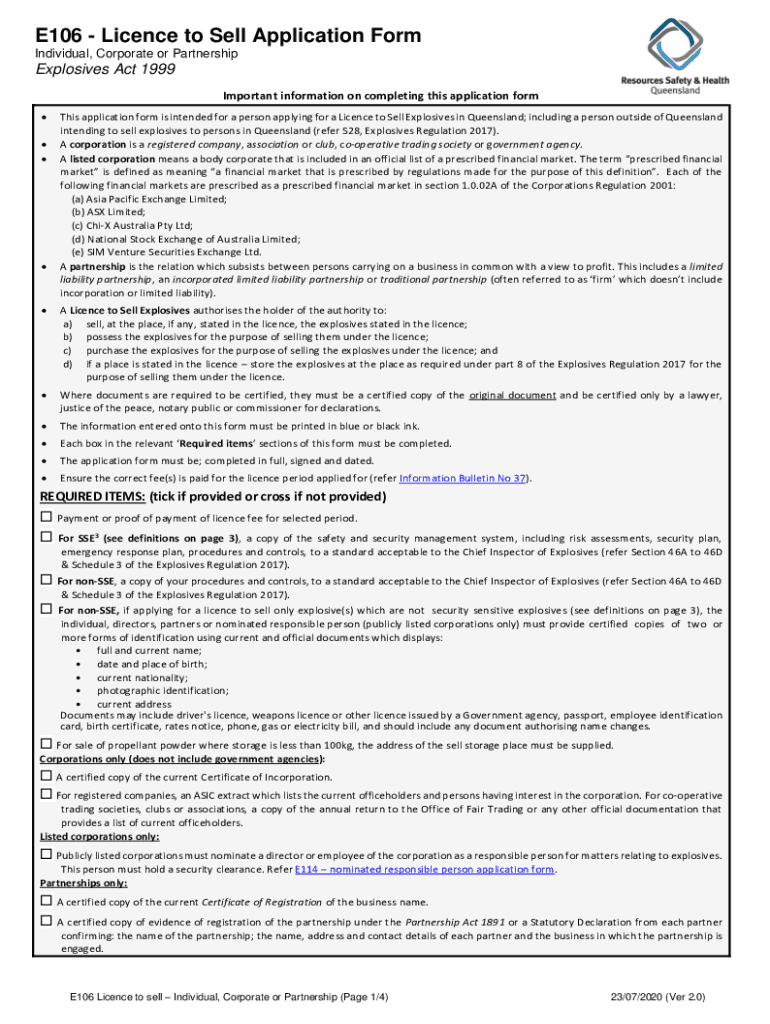 Fillable Online E106 - Application form - Licence to sell - Resources ...