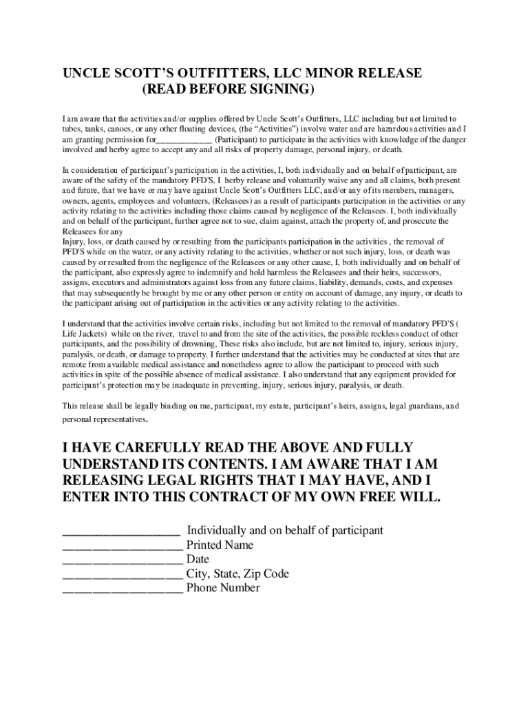 Fillable Online UNCLE SCOTTS OUTFITTERS, LLC MINOR RELEASE (READ BEFORE ...