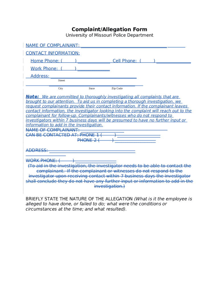 Complaint/Allegation - University of Missouri Police ... Doc Template ...