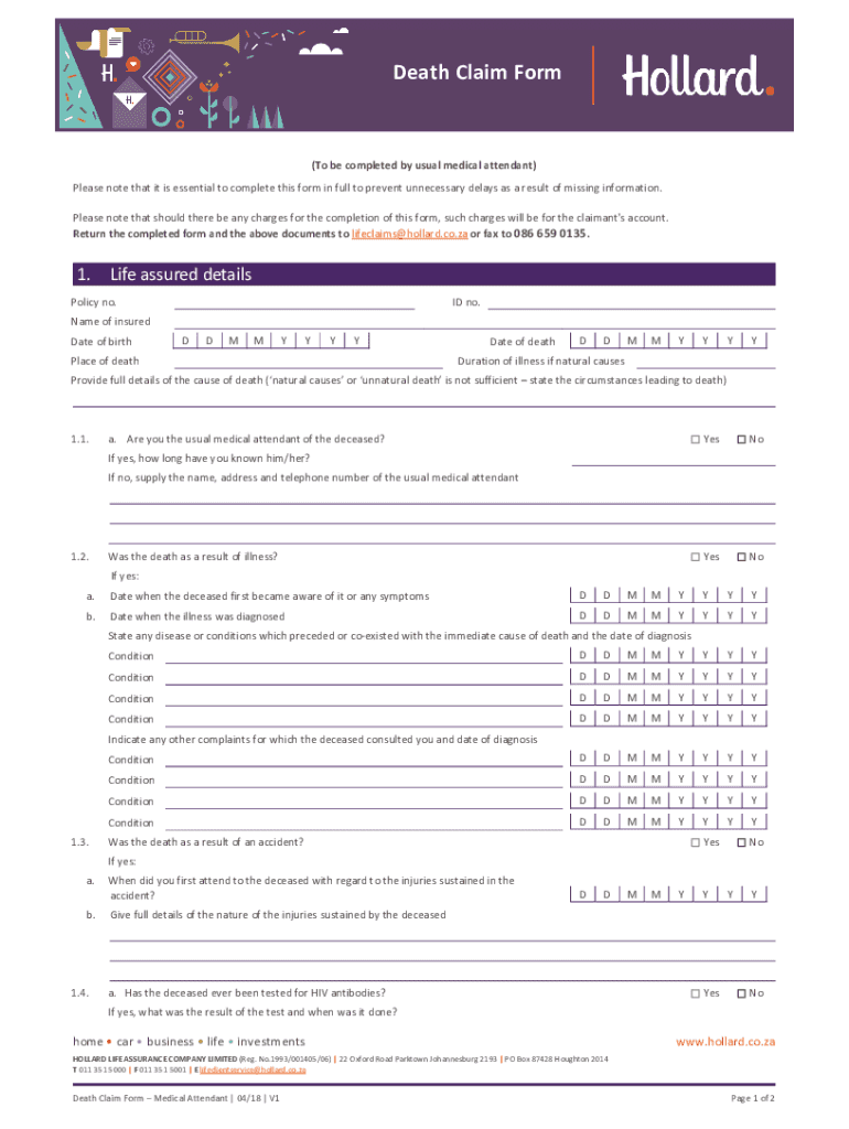 Fillable Online Death Claim form by Medical Attendant Fax Email Print ...
