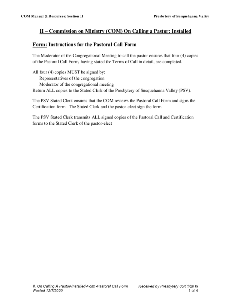 Fillable Online II-On Calling A Pastor-Installed-Form-Pastoral Call ...
