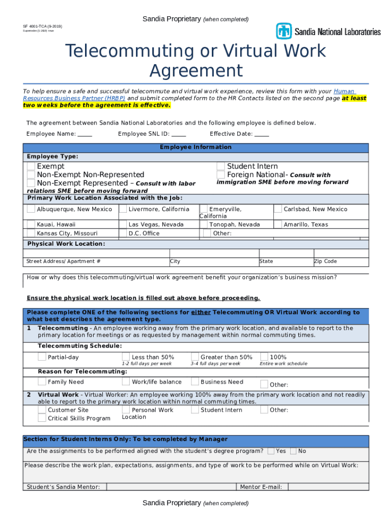 SF 4001-TCA; Telecommuting or Virtual Work Agreement; Doc Template ...