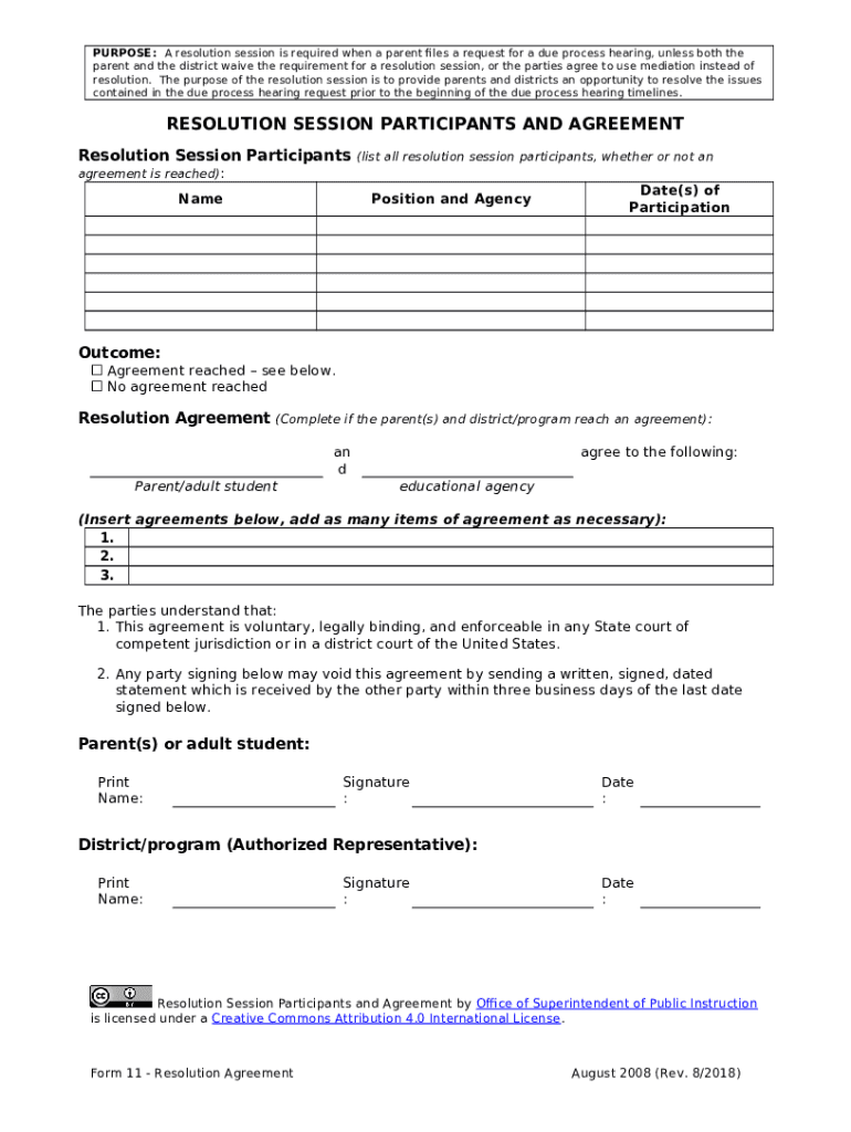 Resolution Session Participants and Agreement Doc Template | pdfFiller