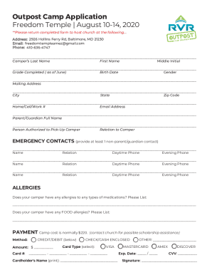 Fillable Online RVR Outpost Camp Application - Freedom Temple AME Zion ...