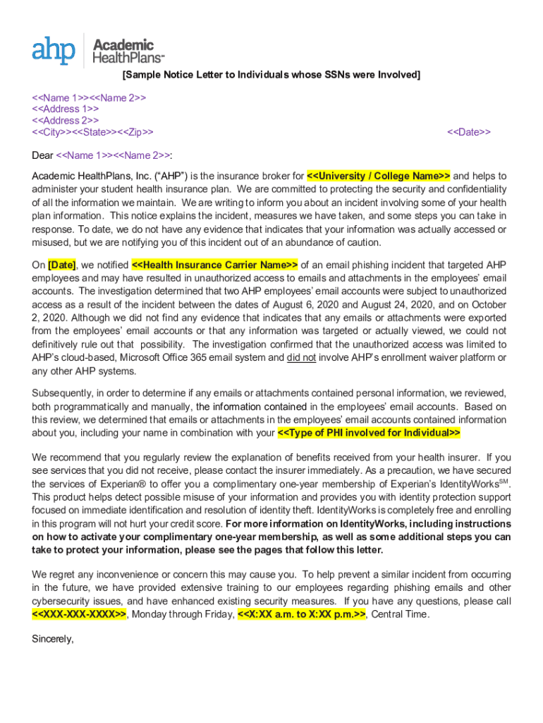 Fillable Online Sample Notice Letter to Individuals ... - media.dojmt ...