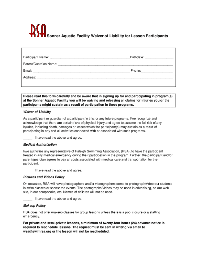 Fillable Online Sonner Aquatic Facility Waiver of Liability for Lesson ...