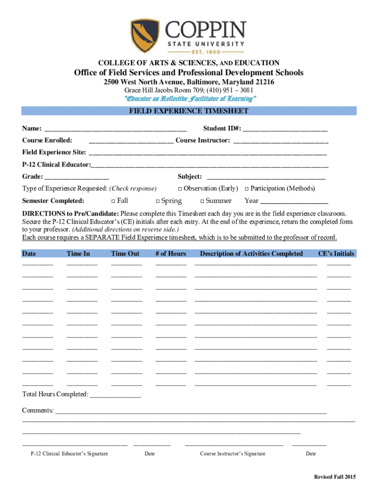 Fillable Online fill.ioField-Experience-Time-Sheet---FieldFill - Free ...