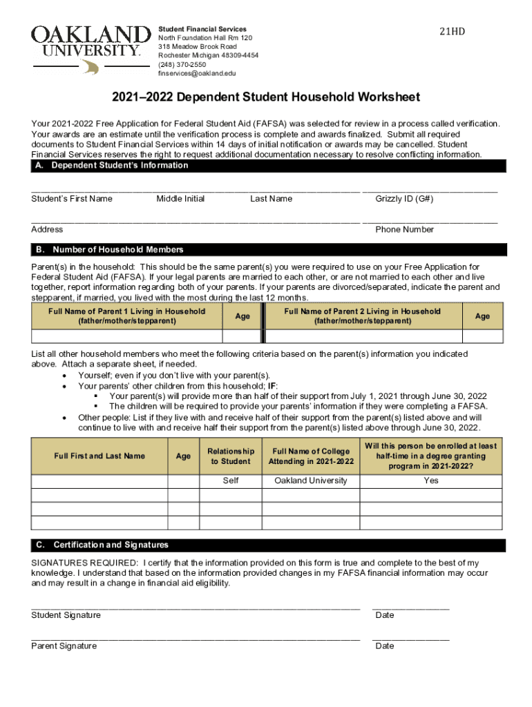 Fillable Online 20212022 Dependent Student Household Worksheet ...