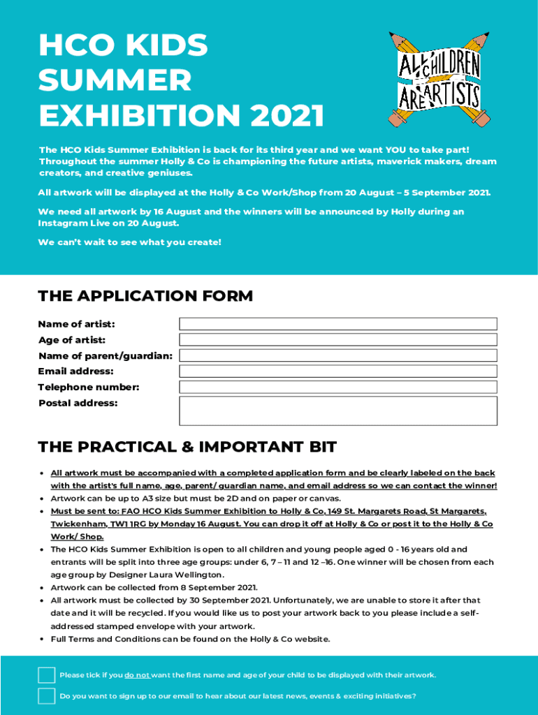 Fillable Online HCO Kids Summer Exhibition 2021 - Details & Application ...