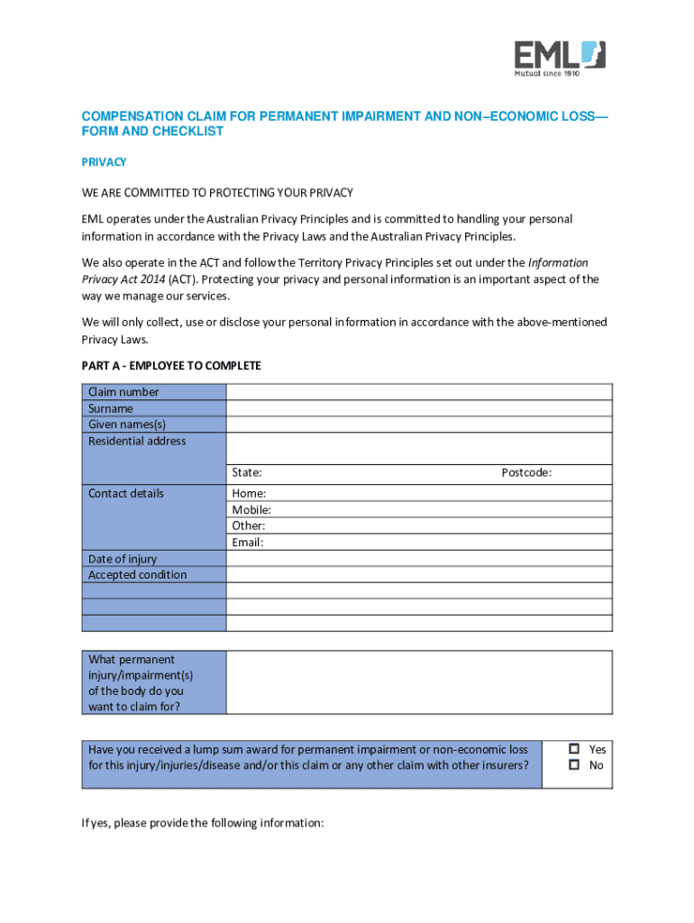 Fillable Online www.eml.com.aumedia1606Compensation claim for permanent ...