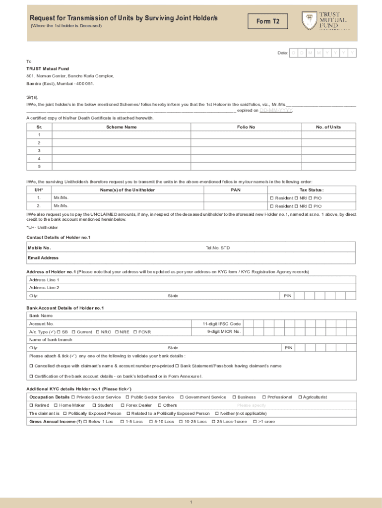 Fillable Online Request for Transmission of Units by Surviving Joint Holder/s Fax Email Print ...
