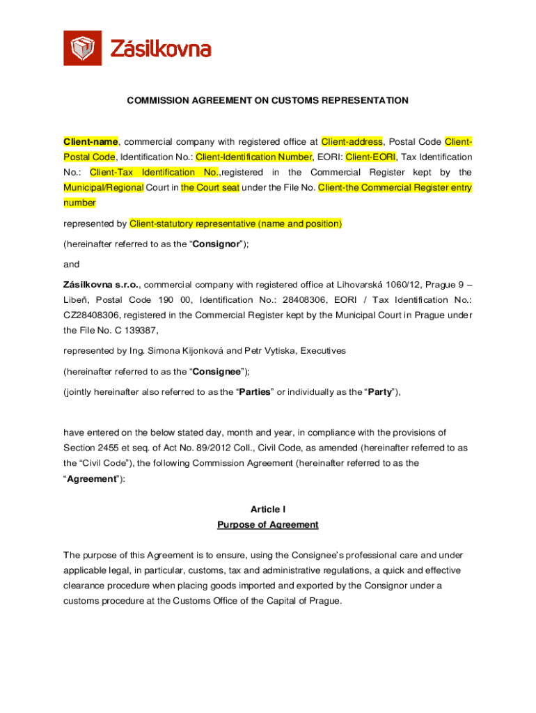 Fillable Online COMMISSION AGREEMENT ON CUSTOMS REPRESENTATION Fax ...