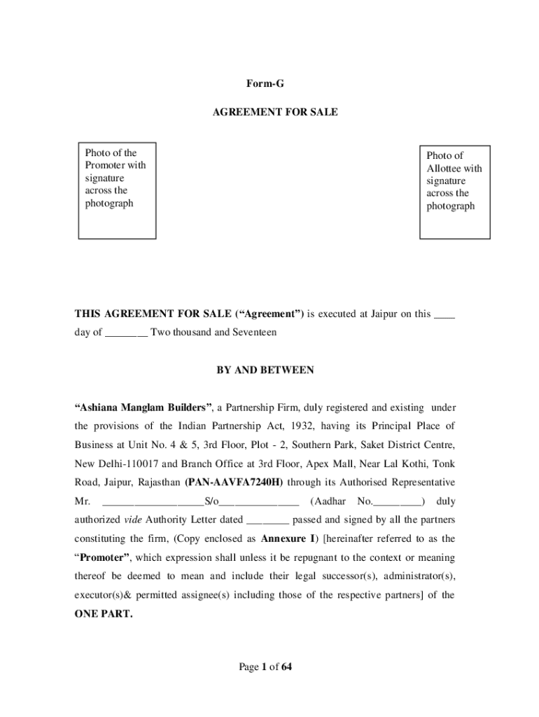 Fillable Online Page 1 of 64 Form-G AGREEMENT FOR SALE THIS ... Fax ...