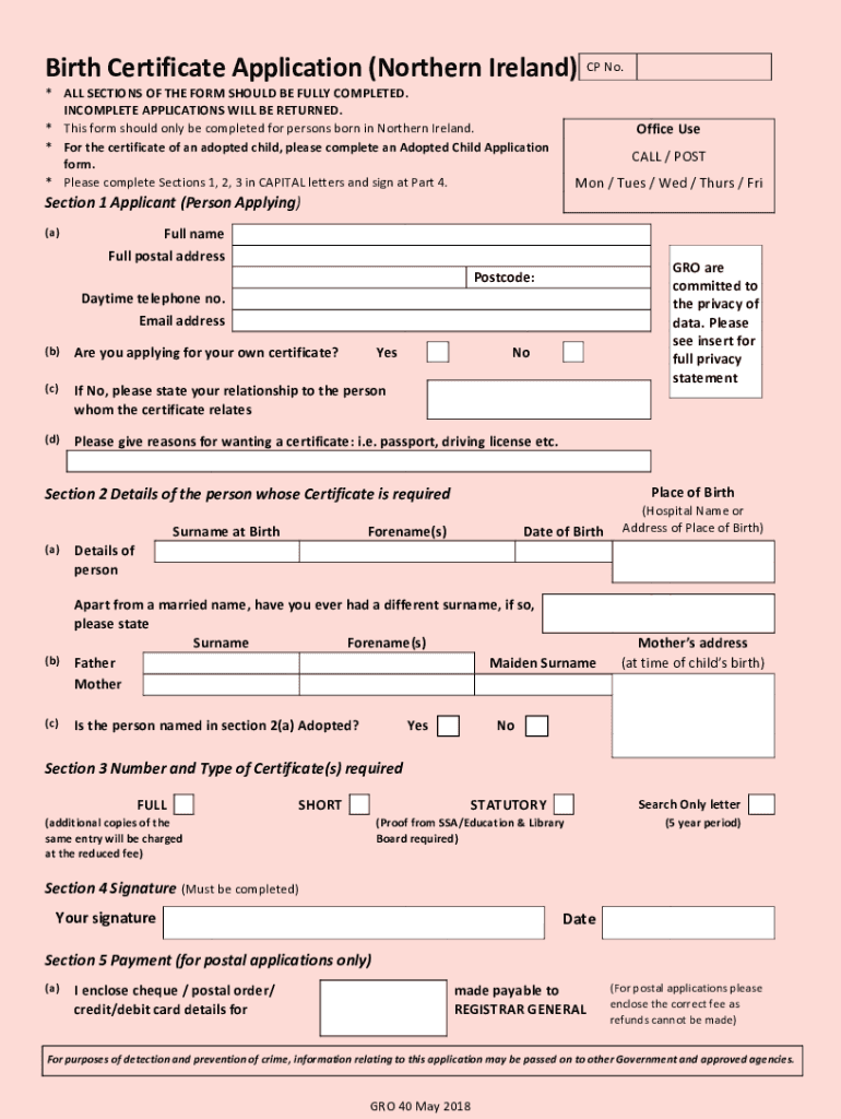 Fillable Online GRO 40A Birth Certificate Application of Adopted Child ...
