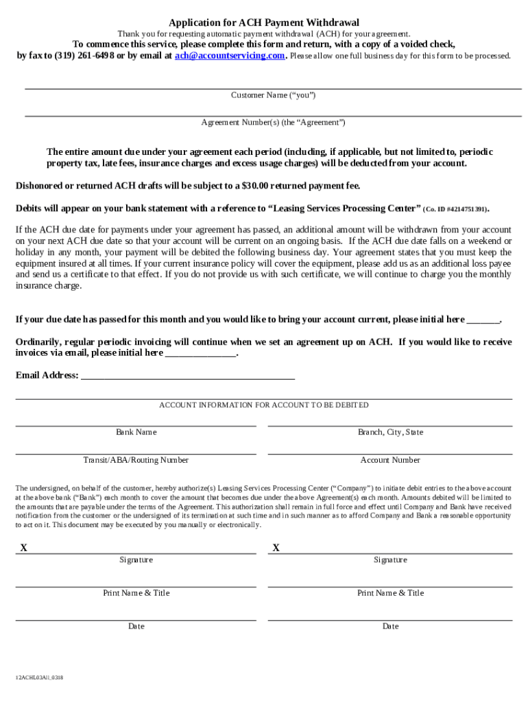 ACH Authorization , Lessee Doc Template | pdfFiller