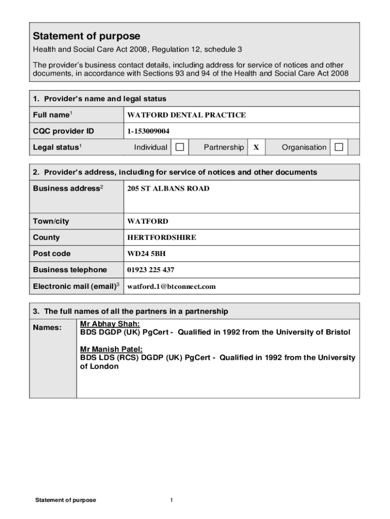 Fillable Online Regulation 12: Statement of purposeCare Quality ...