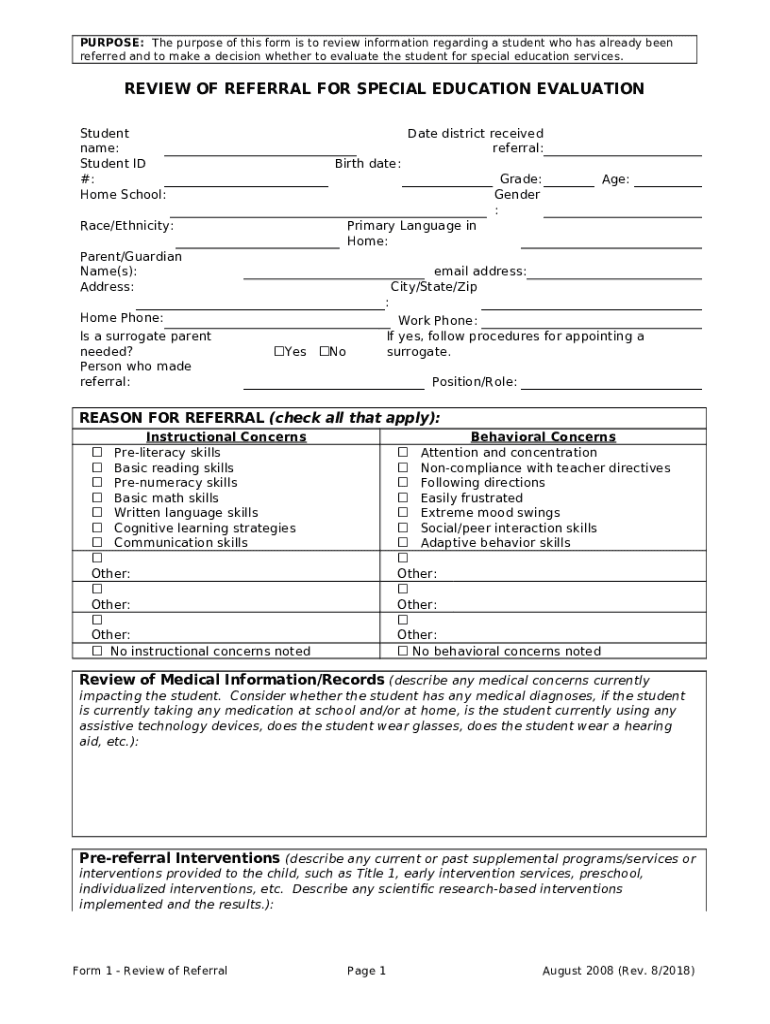 Review of Referral for Special Education Evaluation Doc Template ...