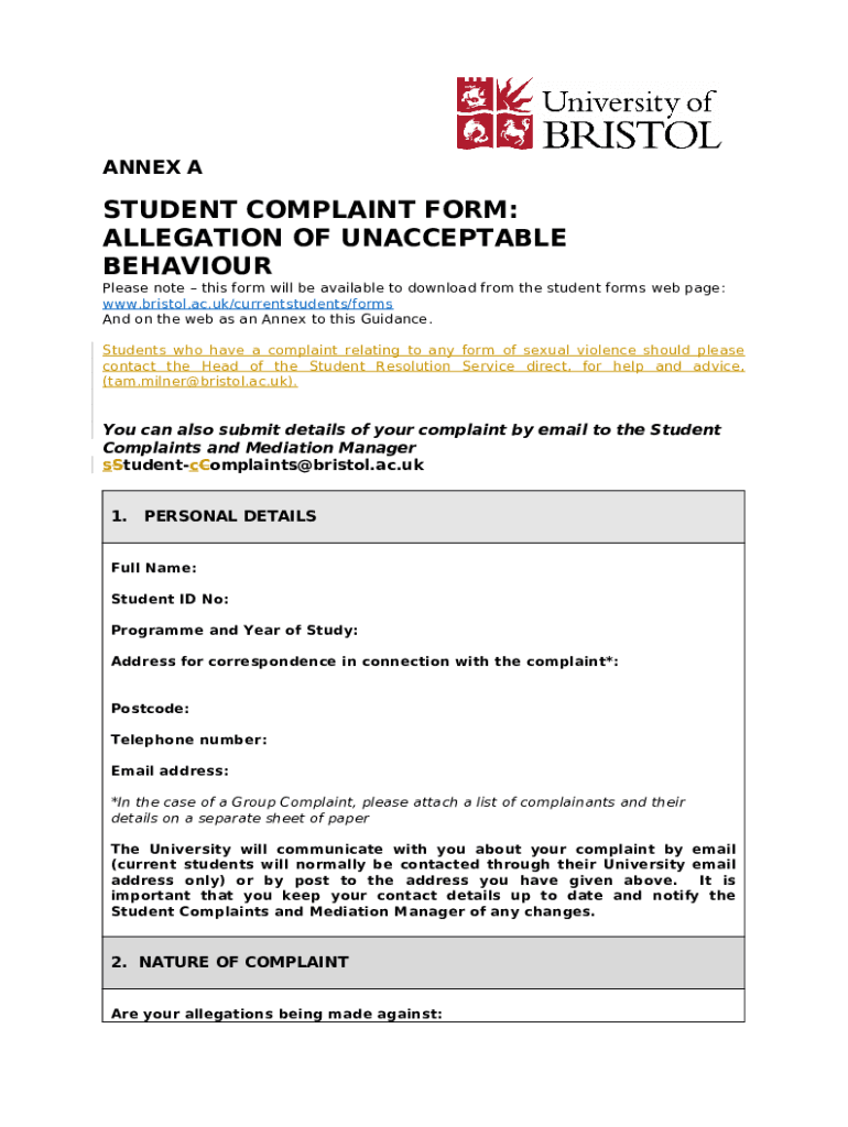 Allegation of Unacceptable Behaviour for Students Doc Template | pdfFiller