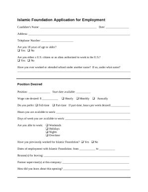 Islamic Foundation Application for Employment Doc Template | pdfFiller