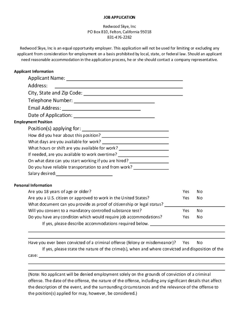 Fillable Online JOB APPLICATION - Capitola Wine Bar Fax Email Print ...