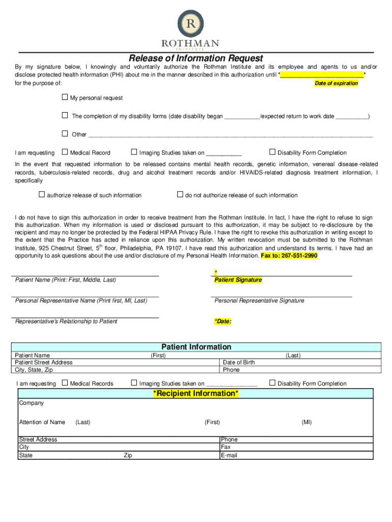 Fillable Online Release of Information Request - Rothman Orthopaedic ...