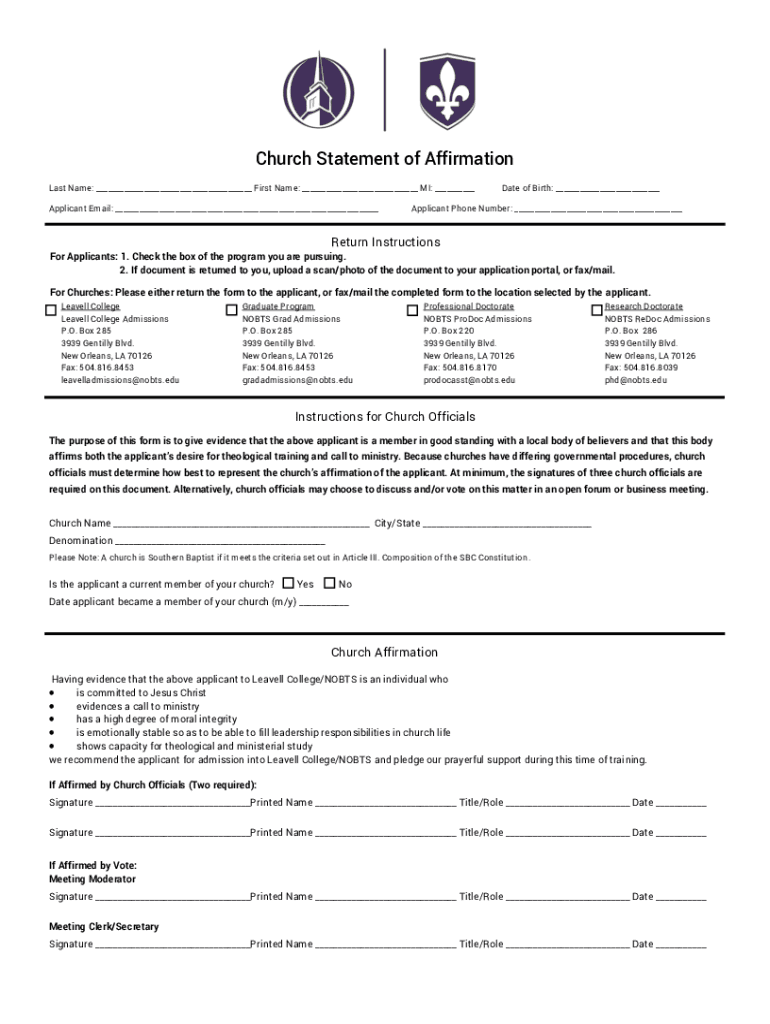 Fillable Online www.nobts.eduadmissionsdocumentsChurch Statement of Affirmation - NOBTS Fax ...