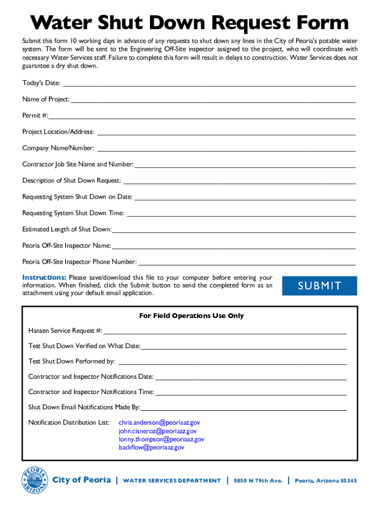Fillable Online Water Shutdown Request Form Fillable Fax Email Print ...