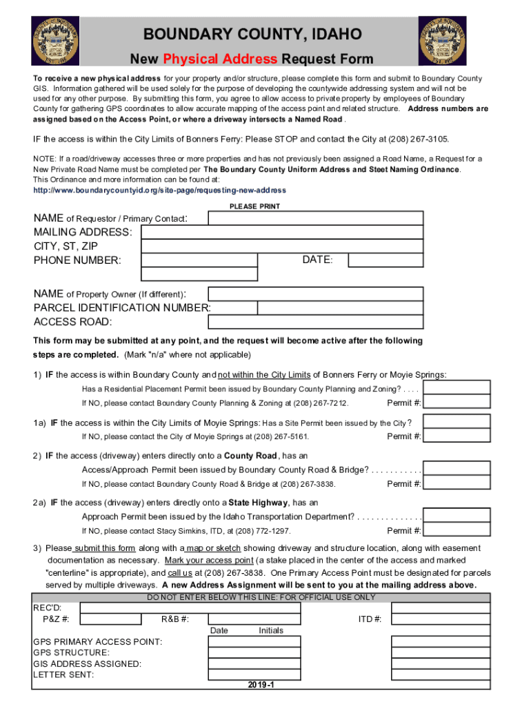 Fillable Online www2 boundarycountyid PDF BOUNDARY COUNTY, IDAHO - New Physical Address Request ...
