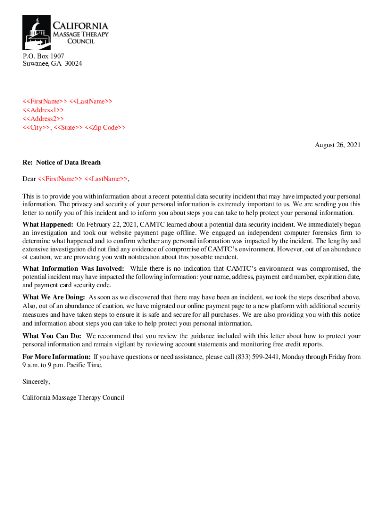 Fillable Online oag ca Notice Letter Sample - Attorney General of ...