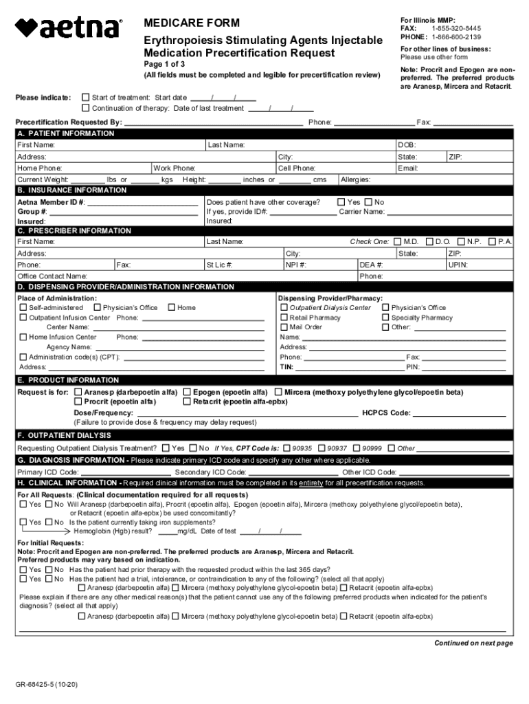 Fillable Online Aetna - MEDICARE FORM - Erythropoiesis Stimulating ...