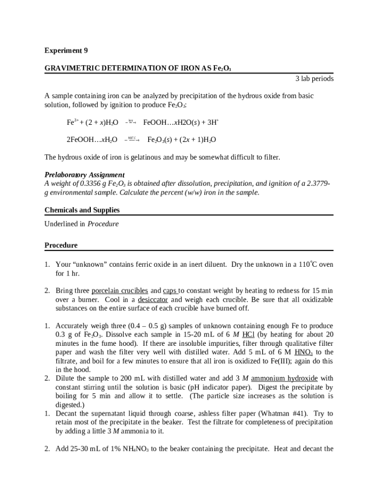 gravimetric determination of iron as fe2o3 Doc Template | pdfFiller