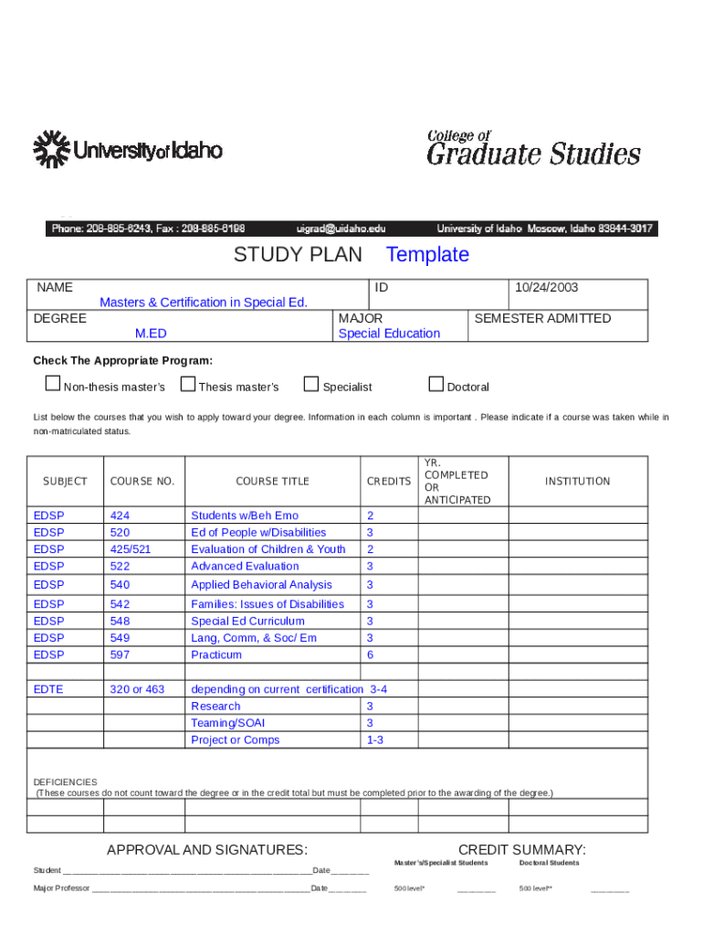 STUDY PLANTemplate Doc Template | pdfFiller