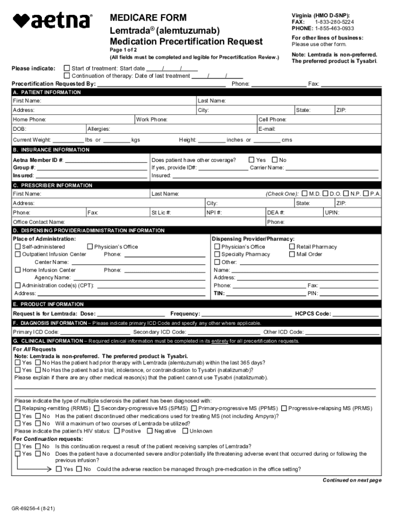 Fillable Online Aetna Rx - VIRGINIA MEDICARE FORM - Lemtrada ...