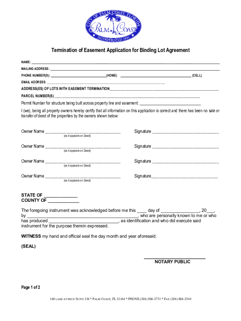 Fillable Online Application Easement Termination for Binding Lot - 08 ...
