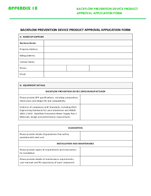 Fillable Online BACKFLOW PREVENTION DEVICE PRODUCT APPROVAL APPLICATION FORM Fax Email Print ...
