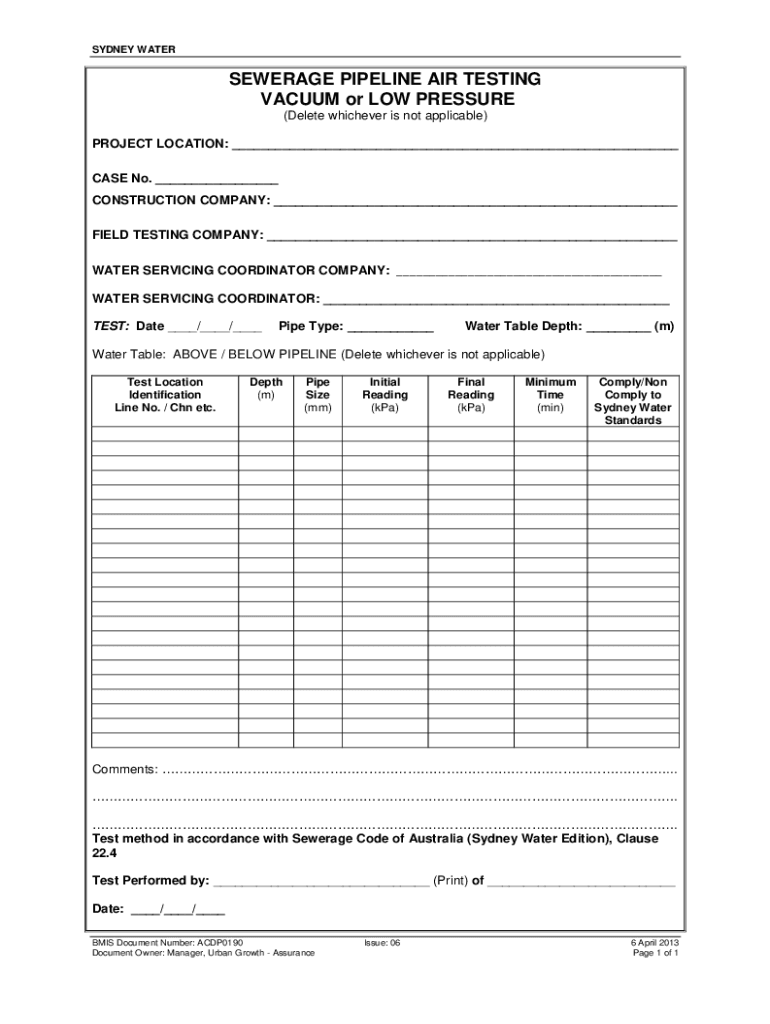 Fillable Online SEWERAGE PIPELINE AIR TESTING VACUUM or LOW PRESSURE ...