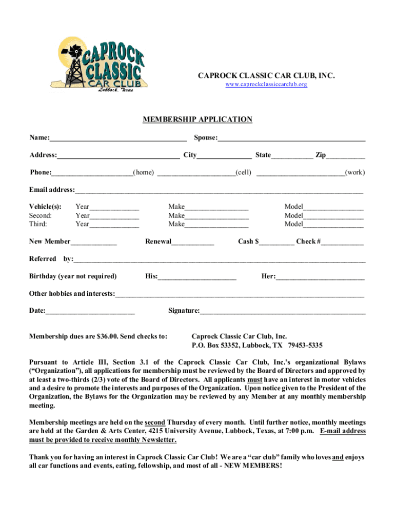 Fillable Online CAPROCK CLASSIC CAR CLUB, INC. Fax Email Print - pdfFiller