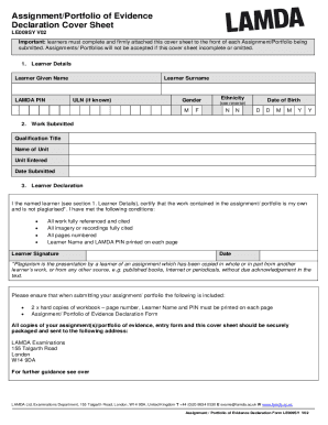 Fillable Online Assignment/Portfolio of Evidence Declaration Cover ...