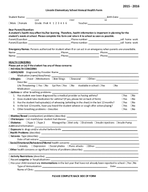 Fillable Online Lincoln Elementary School Annual Health Form Fax Email ...