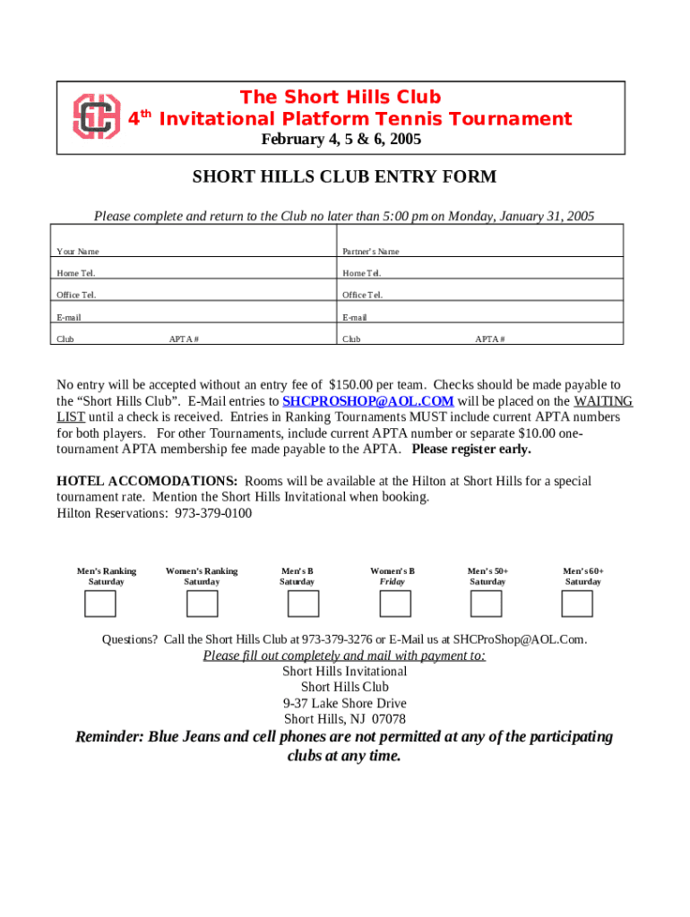 SHORT HILLS CLUB ENTRY Doc Template | pdfFiller
