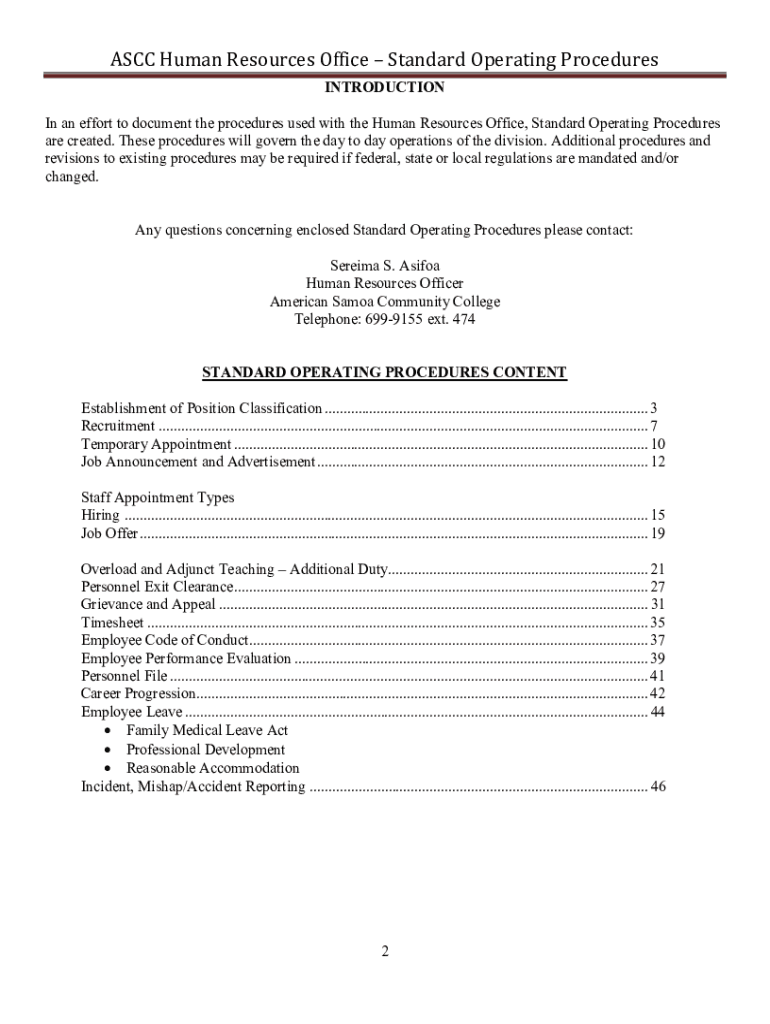 Fillable Online Human Resources Standard of Operating Procedures ...