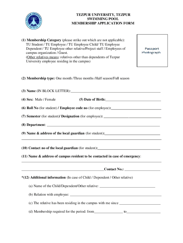Fillable Online Swimming-Pool-Membership-Form.pdf - Tezpur University ...
