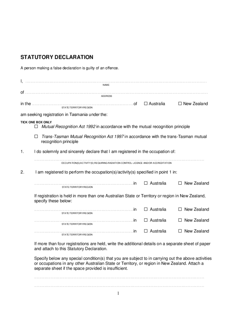 Fillable Online Mutual Recognition Statutory Declaration. Department of ...