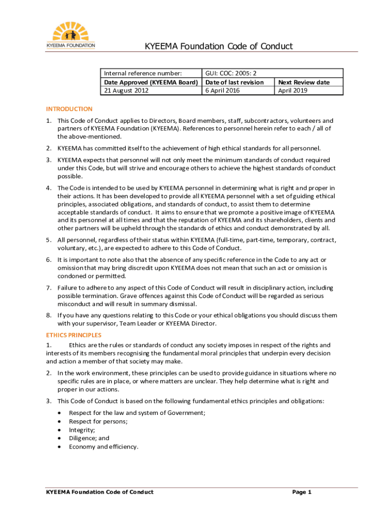 Fillable Online KYEEMA Foundation Code of Conduct - ACFID Fax Email ...